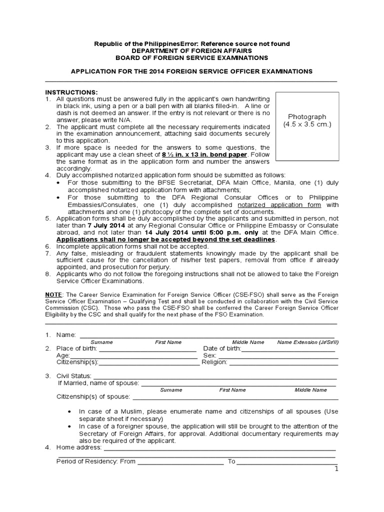 Application Form On DFA Foreign Service Officer | Download Free PDF ...