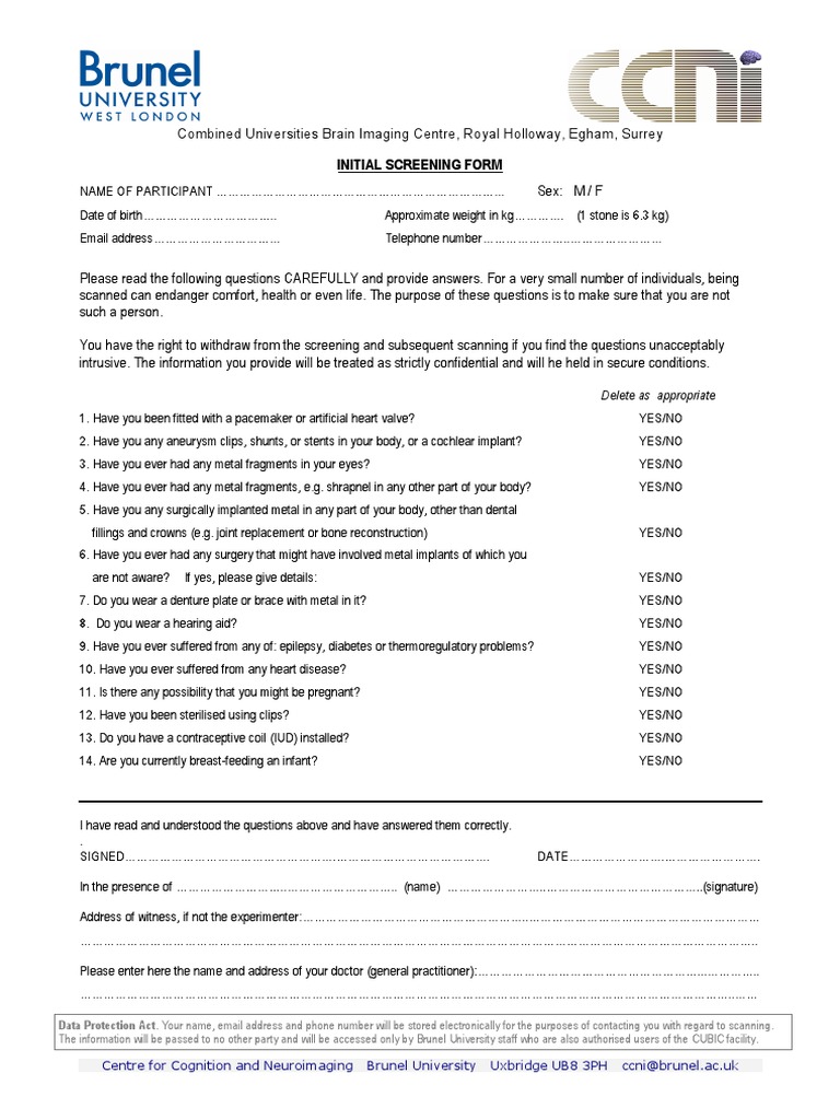 MRI Screening Consent Form Brunel | Image Scanner | Functional Magnetic ...