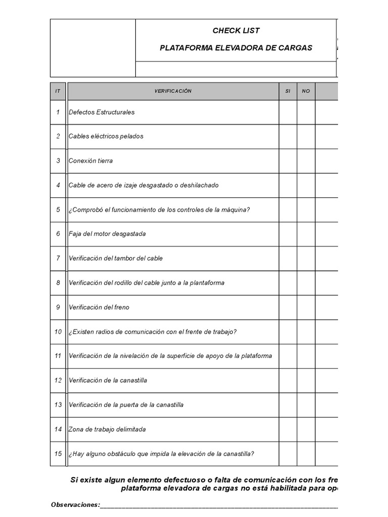 Checklist Plataforma Elevadora de Cargas | PDF