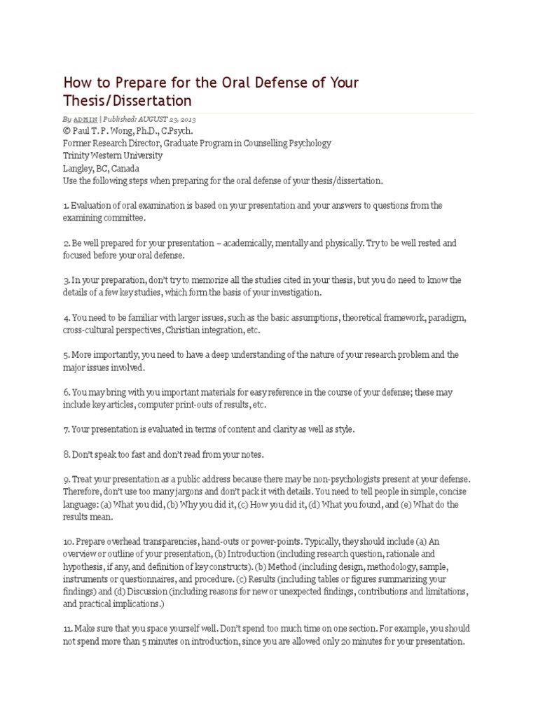 How To Prepare For The Oral Defense of Your Thesis | PDF