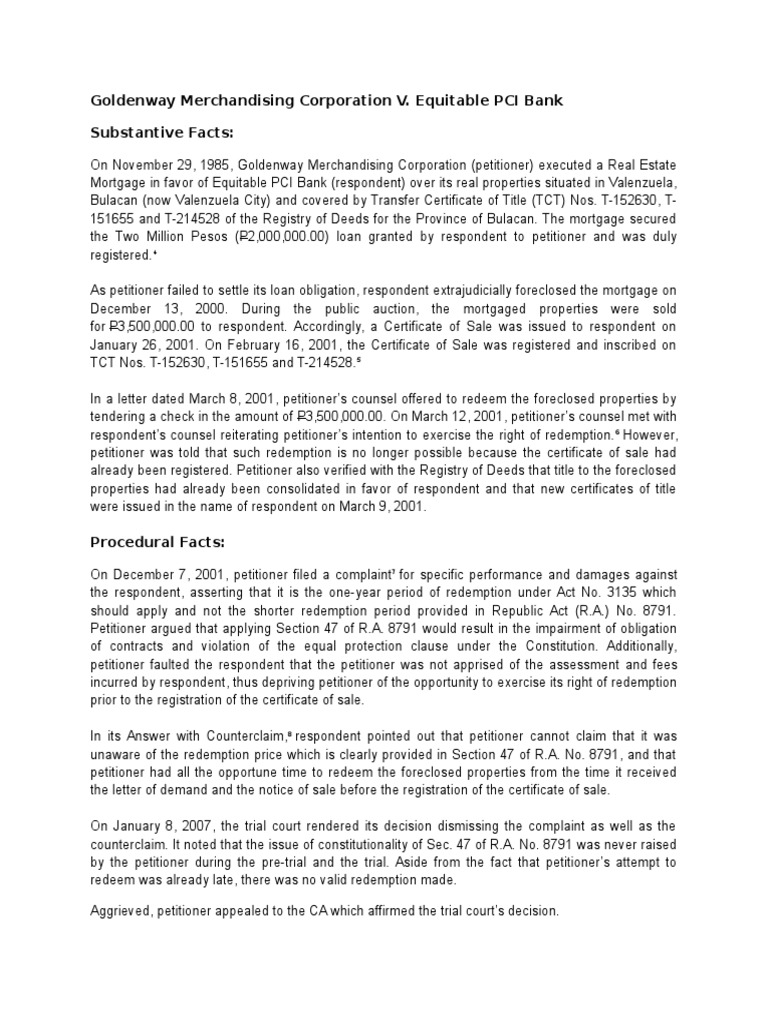 Goldenway Merchandising Corporation V. Equitable PCI Bank Substantive ...