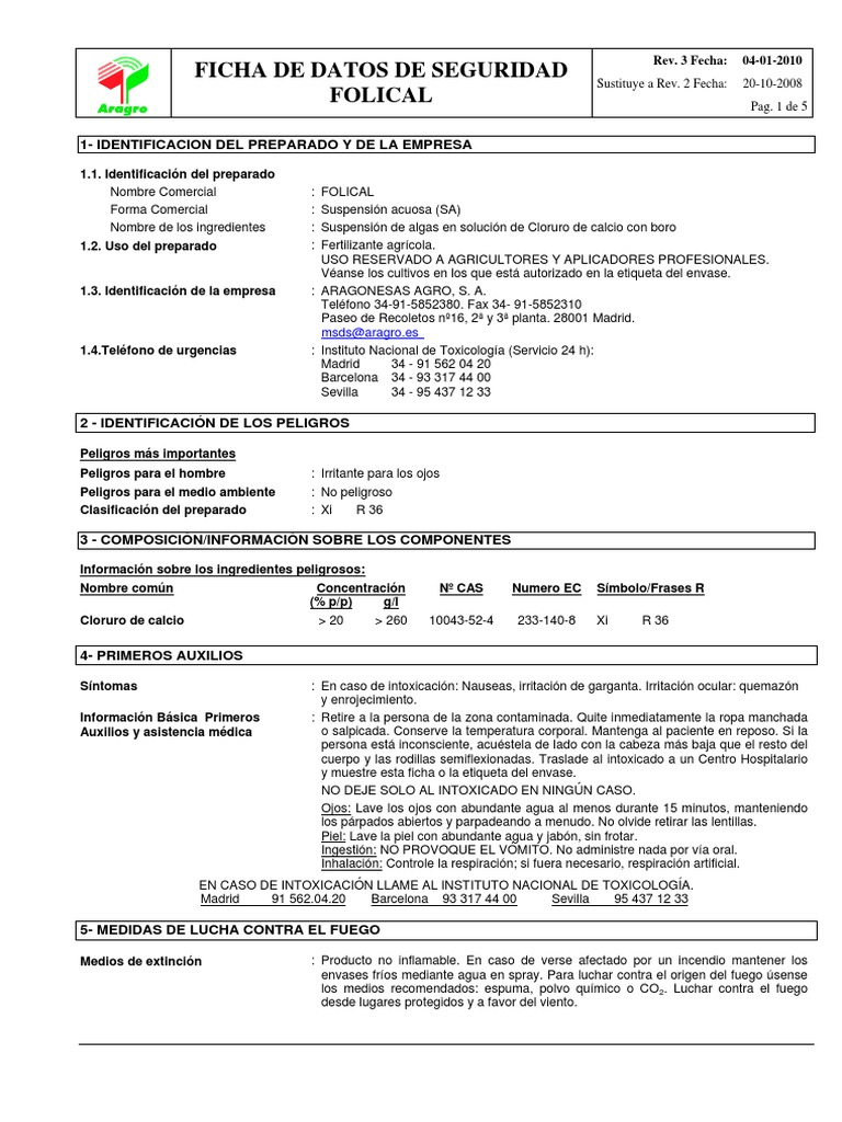 Ficha de Seguridad de Folical | PDF | Agua | Fertilizante