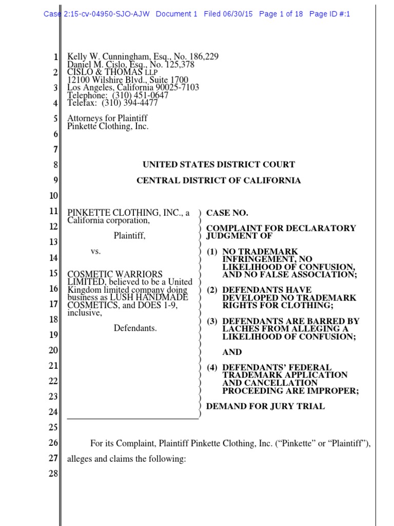 LUSH Trademark Declaratory Judgment Complaint PDF | PDF | Trademark ...