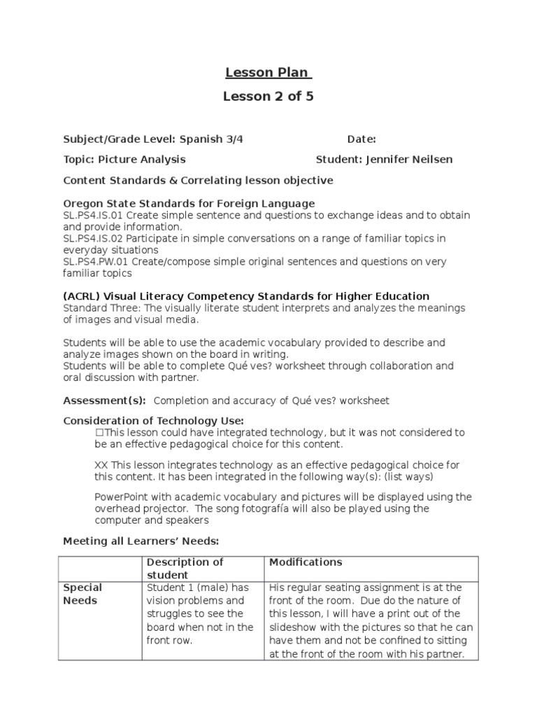 Visual Literacy Picture Analysis Lesson Plan | PDF | Lesson Plan | Literacy