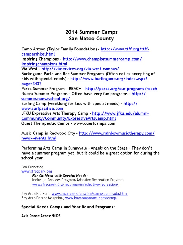 Special Needs Summer Camp | PDF | San Francisco Bay Area | Special ...