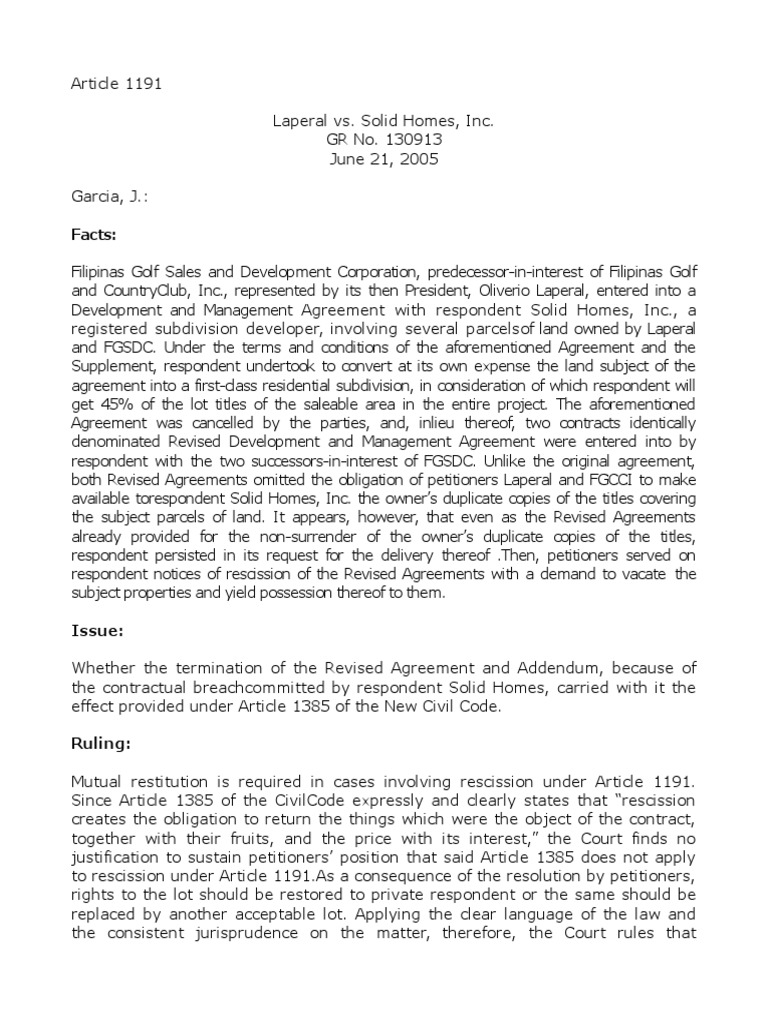18 Article 1191 Laperal vs. Solid Homes | PDF | Rescission | Civil Law ...