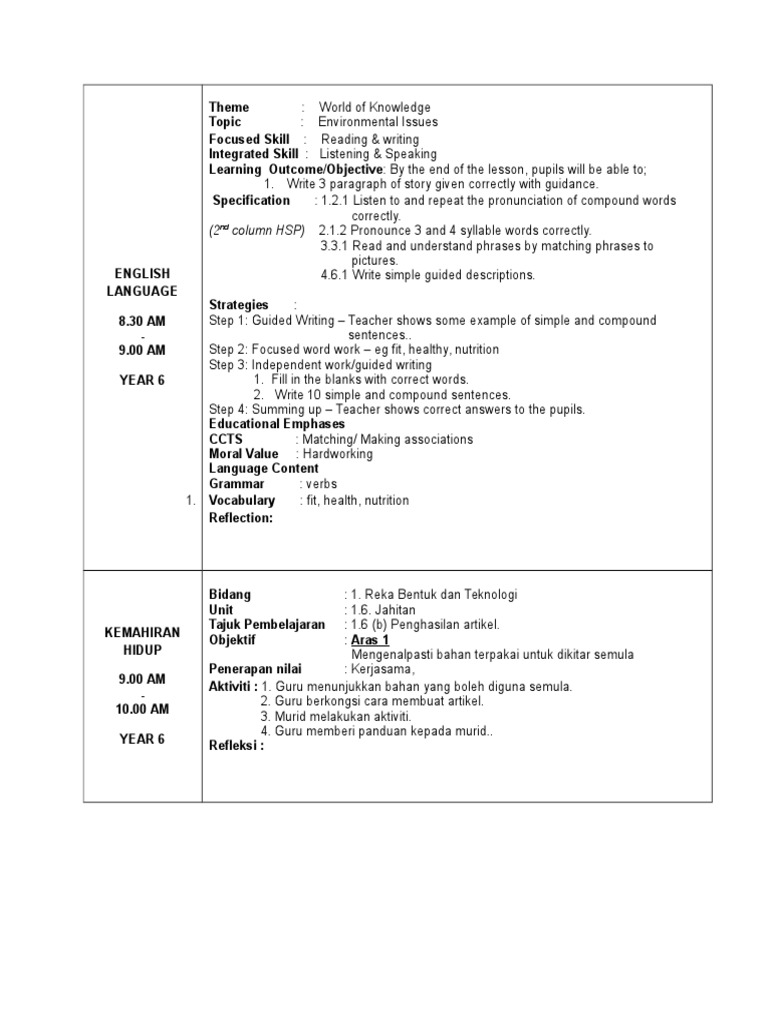 RPH English KSSR Day 1 | PDF | English Language | Educational Assessment