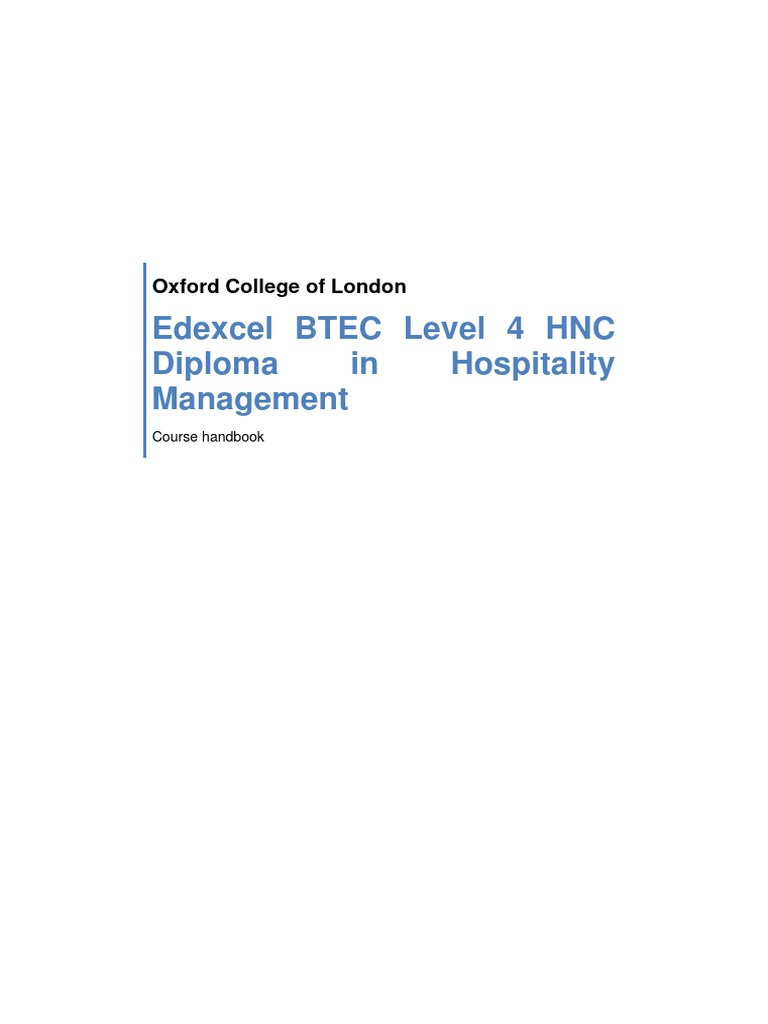 Edexcel BTEC Level 4 HNC Diploma in Hospitality Management Course Handbook | PDF | Marketing ...