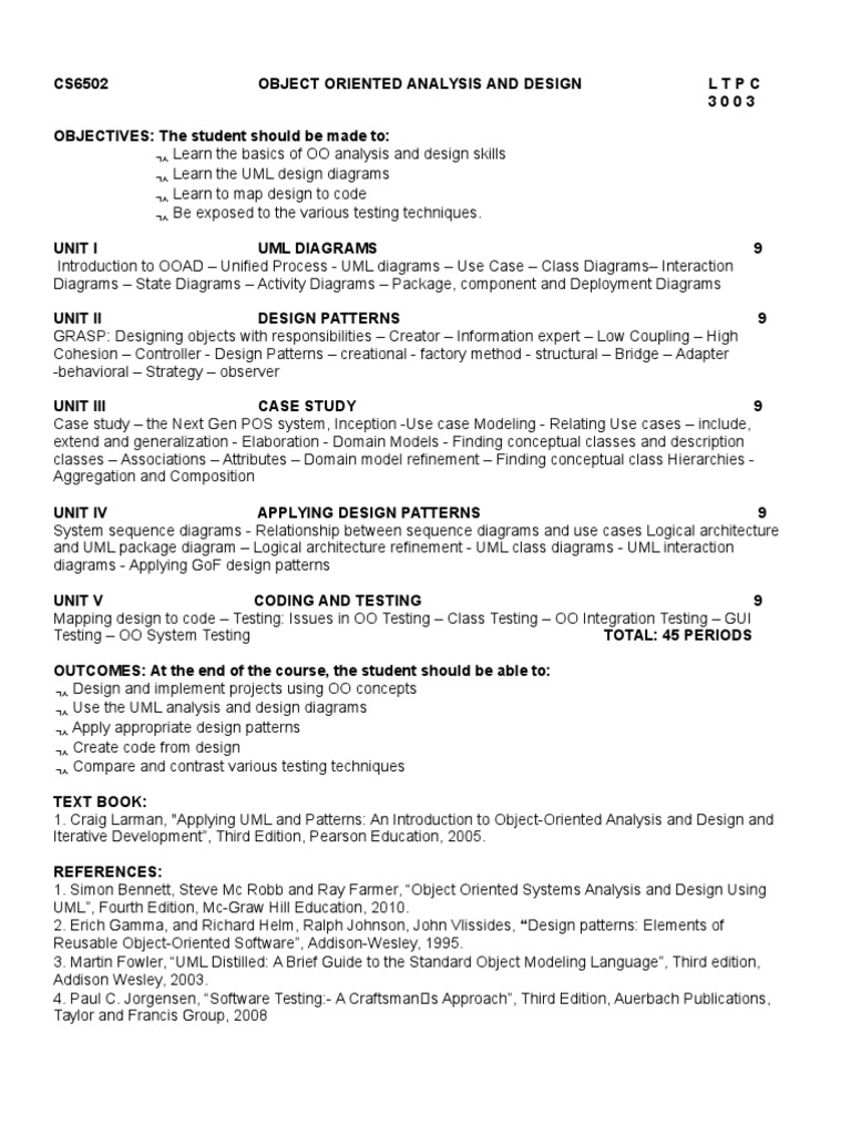 Cs6502 Object Oriented Analysis And Design Syllabus