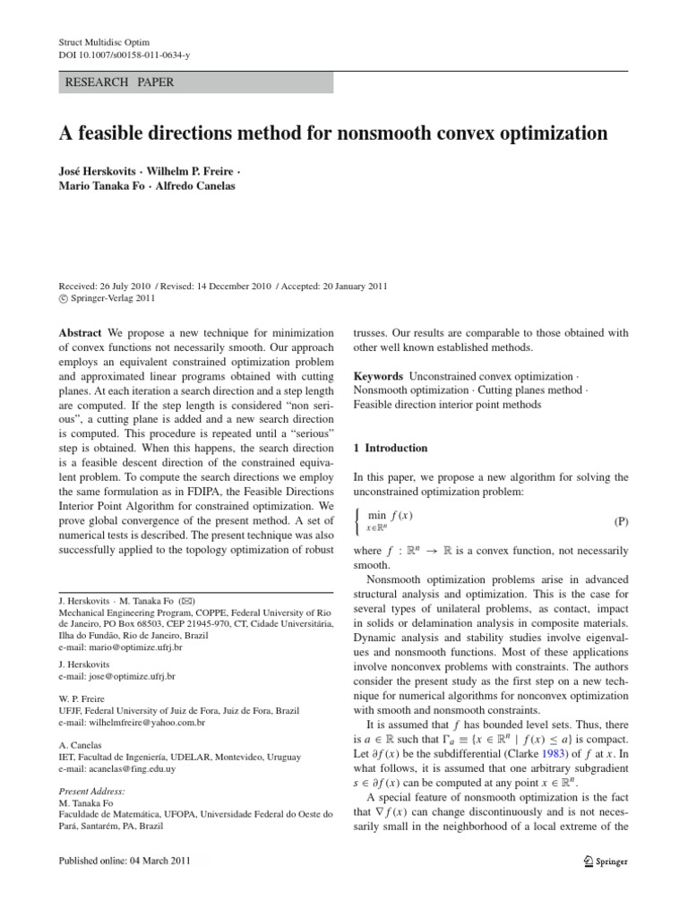 A Feasible Directions Method For Nonsmooth Convex Optimization Pdf Mathematical Optimization