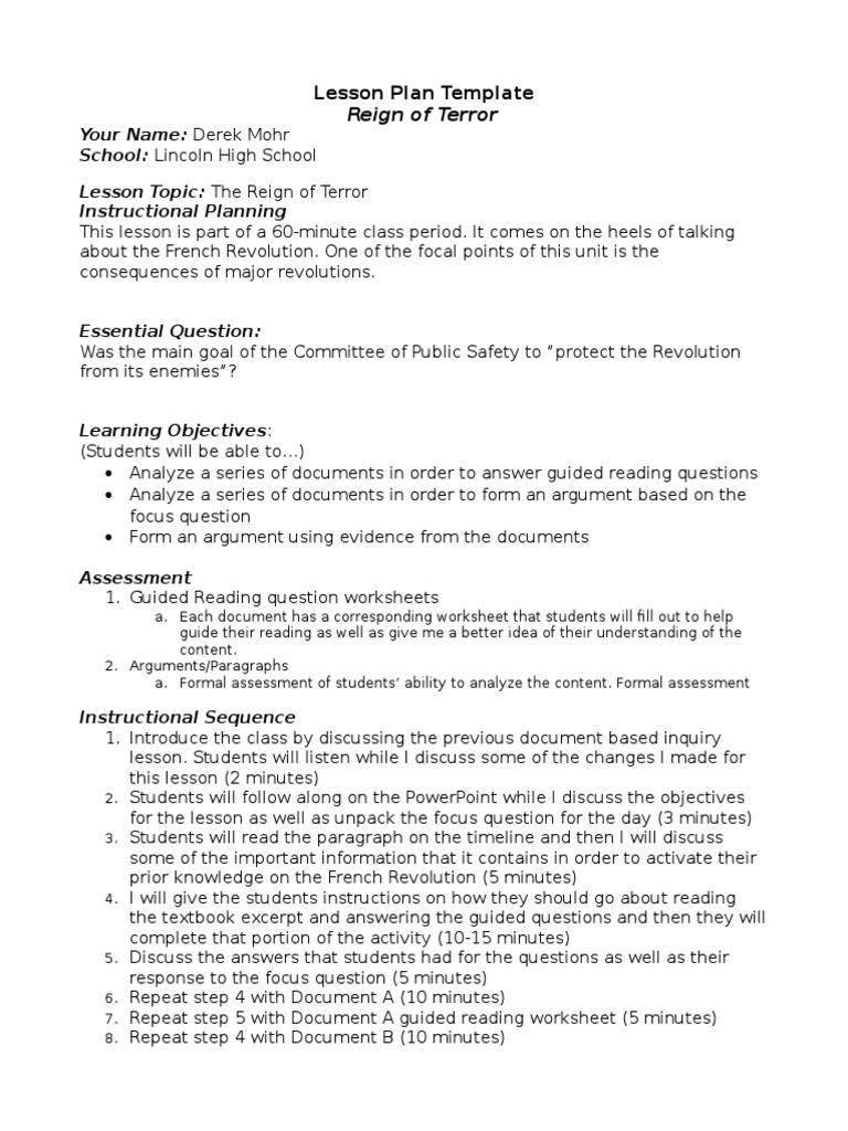 Lesson Plan: The Reign of Terror | PDF | Worksheet | Lesson Plan