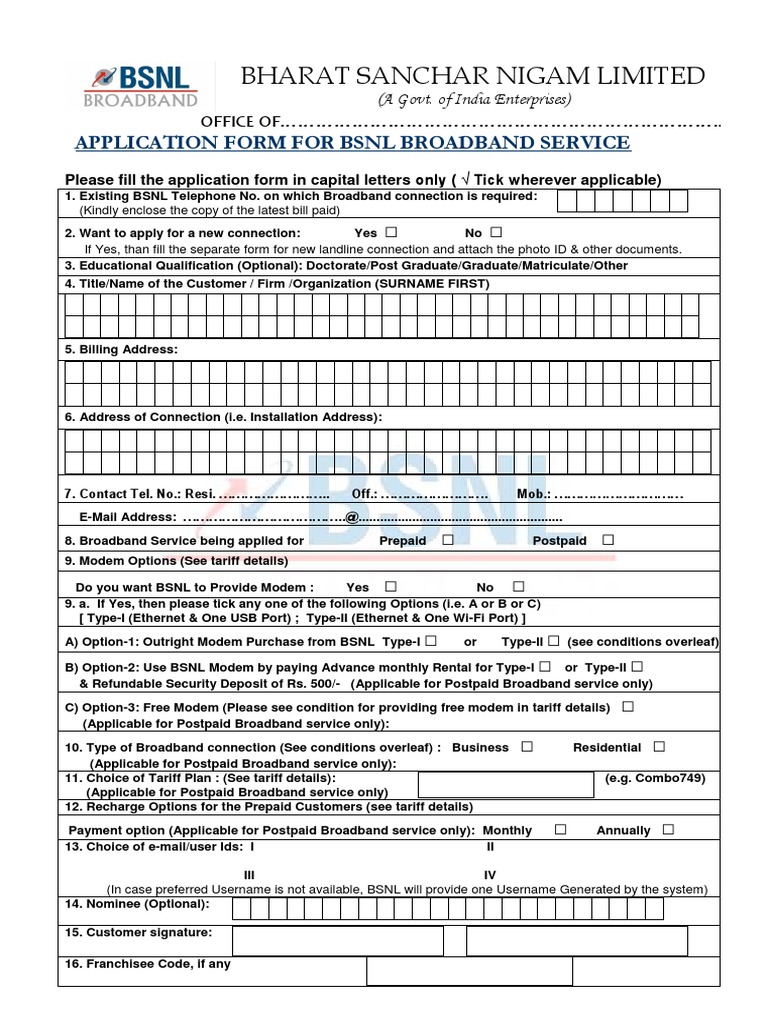 BSNL Broadband Application Form | PDF | Internet Access | Modem