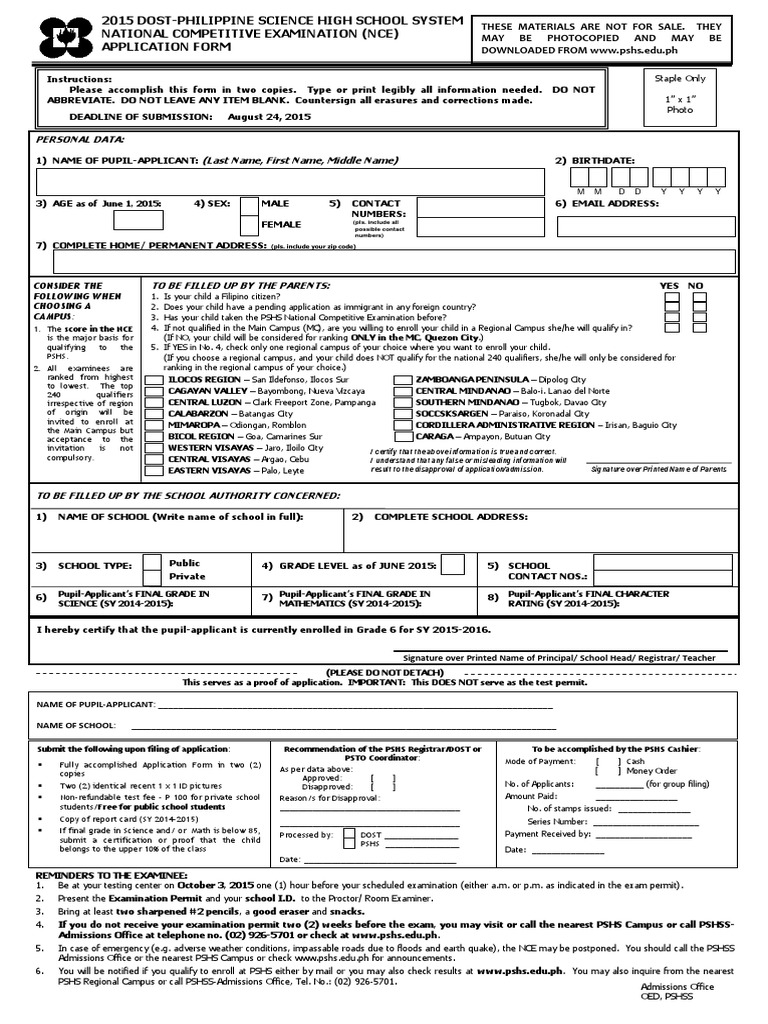PSHS Form PDF | PDF | Identity Document | Test (Assessment)
