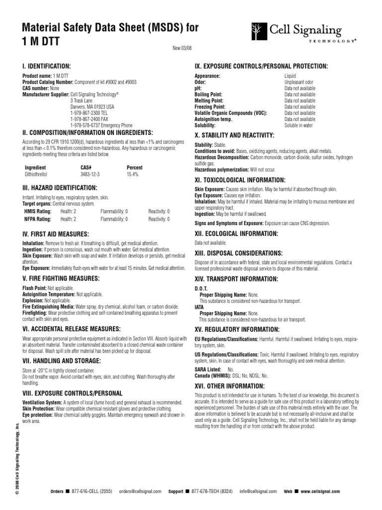 Material Safety Data Sheet (MSDS) For 1 M DTT: Orders | PDF ...