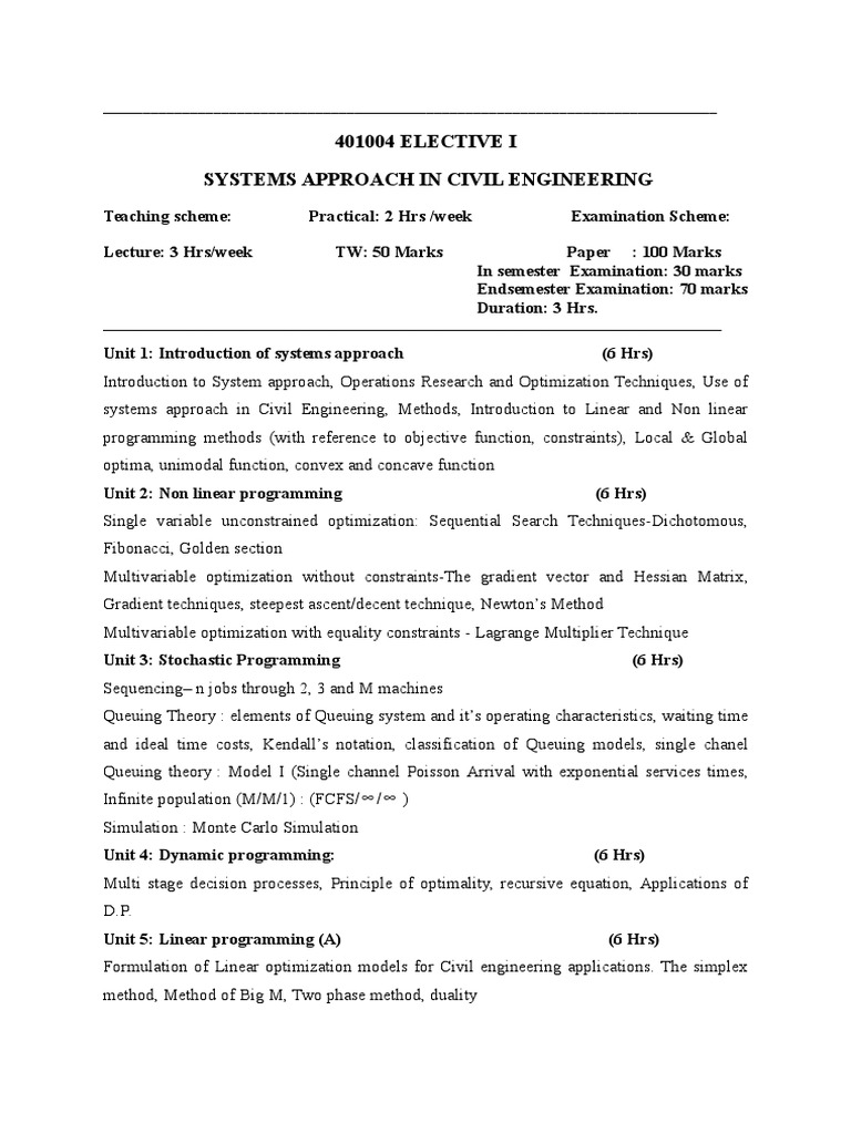 Elective I Systems Approach in Civil Engineering 2012 Course | PDF ...