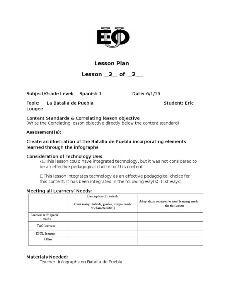 Spanish 1 Lesson Plan: La Batalla de Puebla | PDF