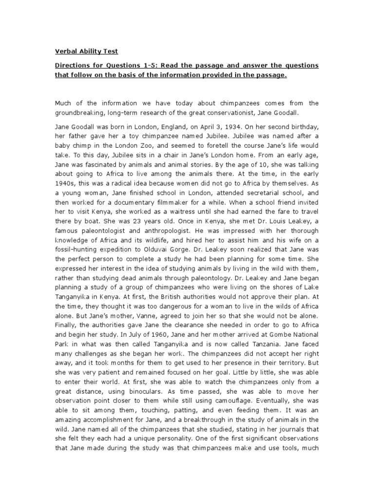 Verbal Ability Test Directions for Questions 1-5: Read the passage and ...