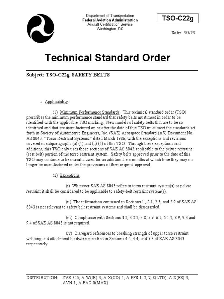 Technical Standard Order: TSO-C22g | PDF | Seat Belt | Specification ...