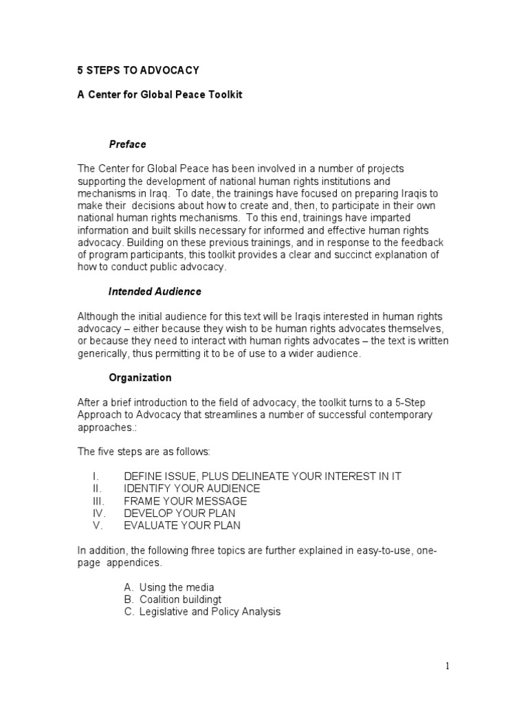 5 Steps To Advocacy A Center For Global Peace Toolkit: Preface | PDF ...