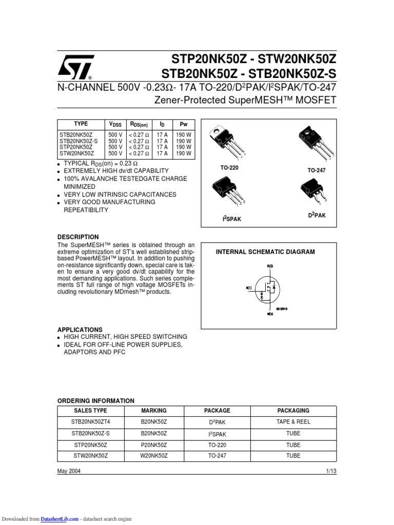 STP20NK50Z - STW20NK50Z STB20NK50Z - STB20NK50Z-S | PDF | Diode | Field ...