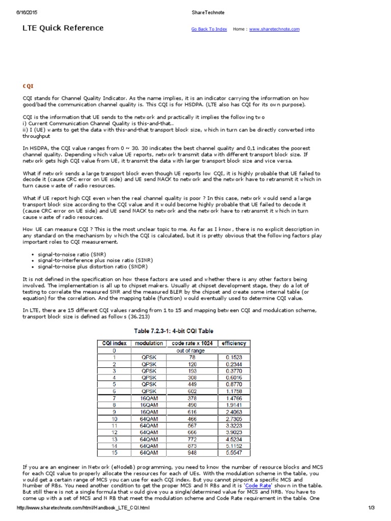 LTE Quick Reference Guide on Channel Quality Indicator (CQI | PDF | Signal To Noise Ratio | High ...