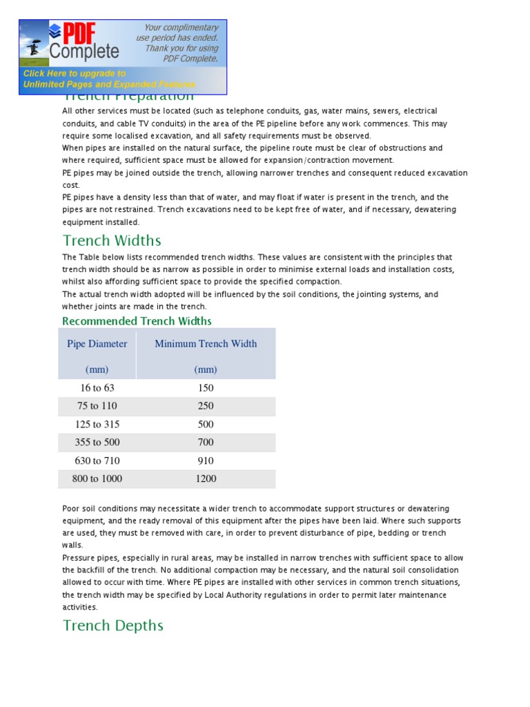 Trench Preparation Pdf Trench Pipe Fluid Conveyance
