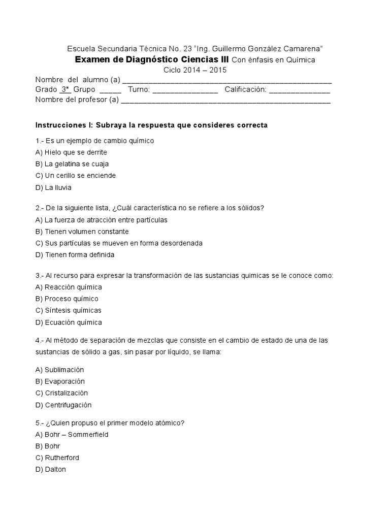 Examen Diagnóstico Química 3° Secundaria | PDF | Masa | Densidad