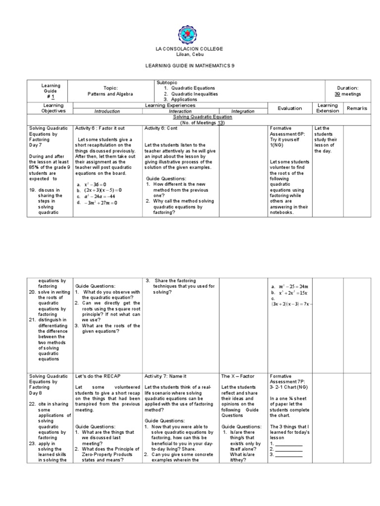 Sample Lesson Plan | PDF | Factorization | Quadratic Equation