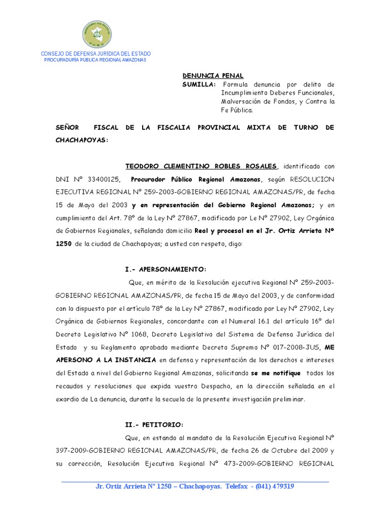 Modelo-Denuncia Penal Pedro Leon Menendez | Delito | Derecho penal