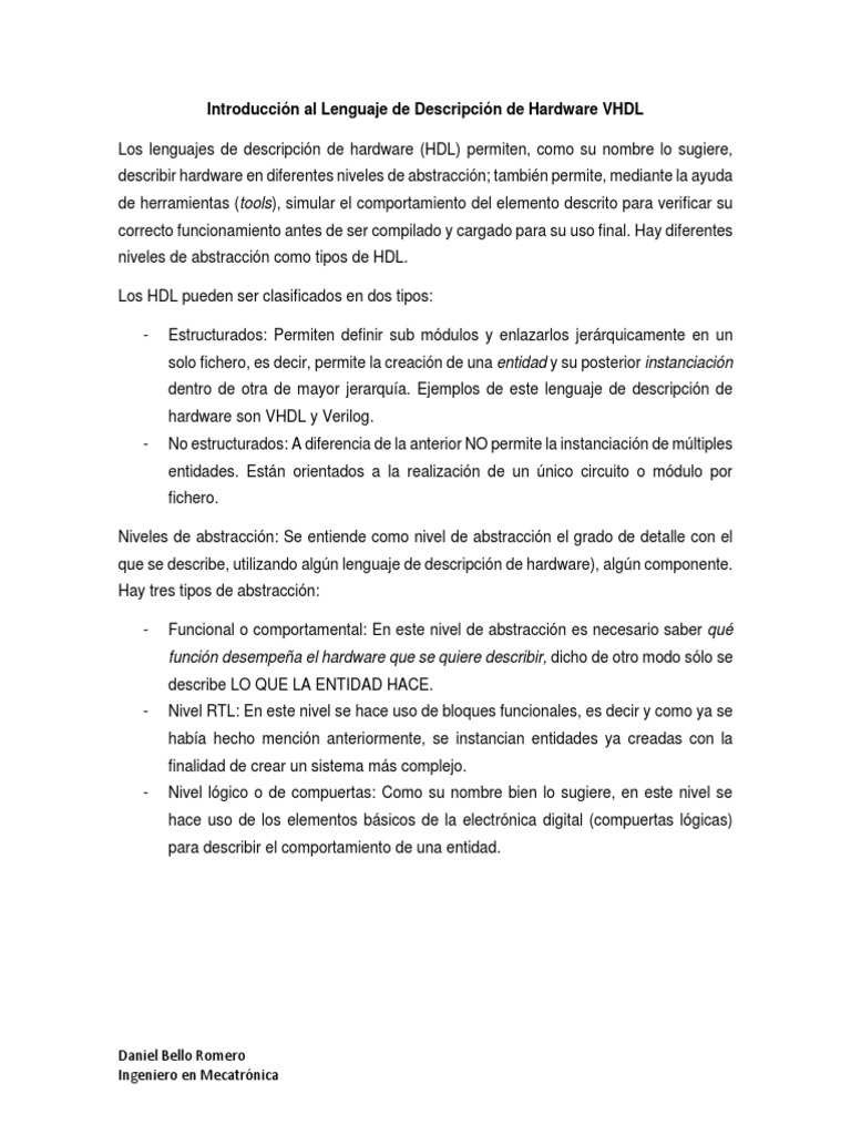 Introducción Al Lenguaje de Descripción de Hardware VHDL | PDF | Vhdl | Lenguaje de descripción ...