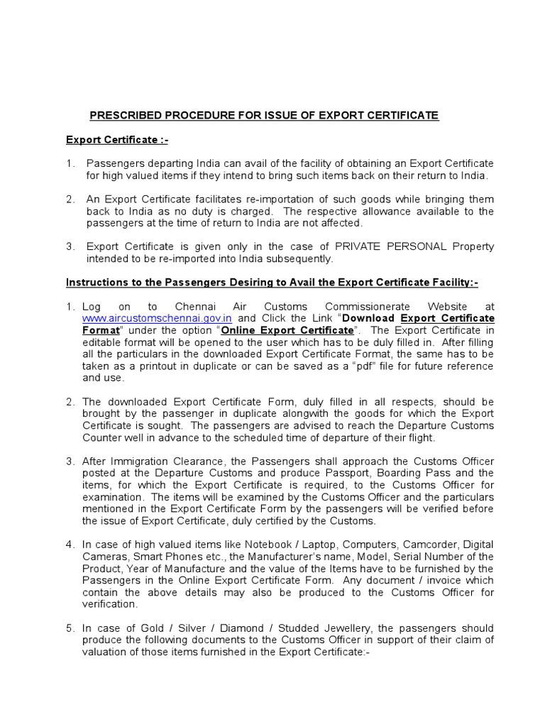 Prescribed Procedure For Issue of Export Certificate Export Certificate ...