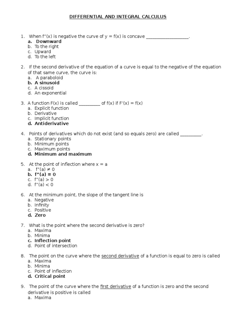 Differential and Integral Calculus Quiz | PDF | Derivative | Integral
