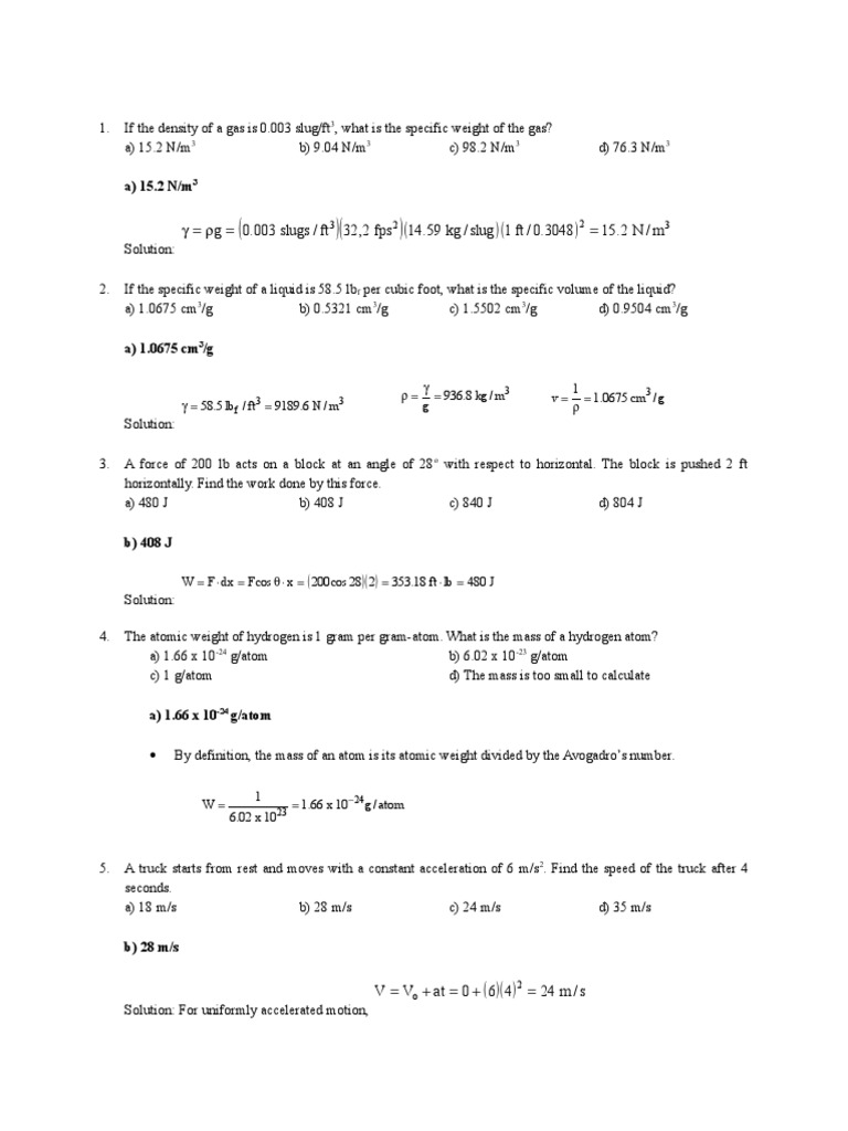Solving Physics Problems: Calculating Specific Weight, Work, Velocity ...