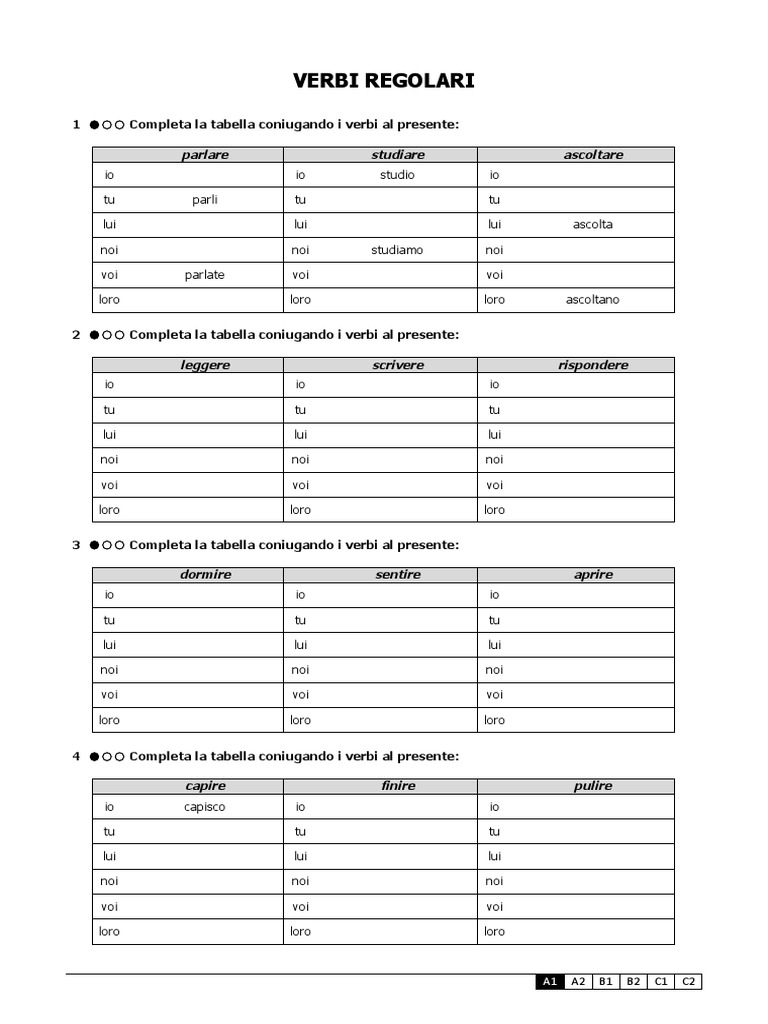 Verbi Regolari Esercizi Italiano A1 | PDF