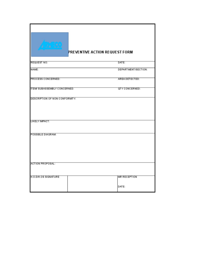 Preventive Action Request Form | PDF