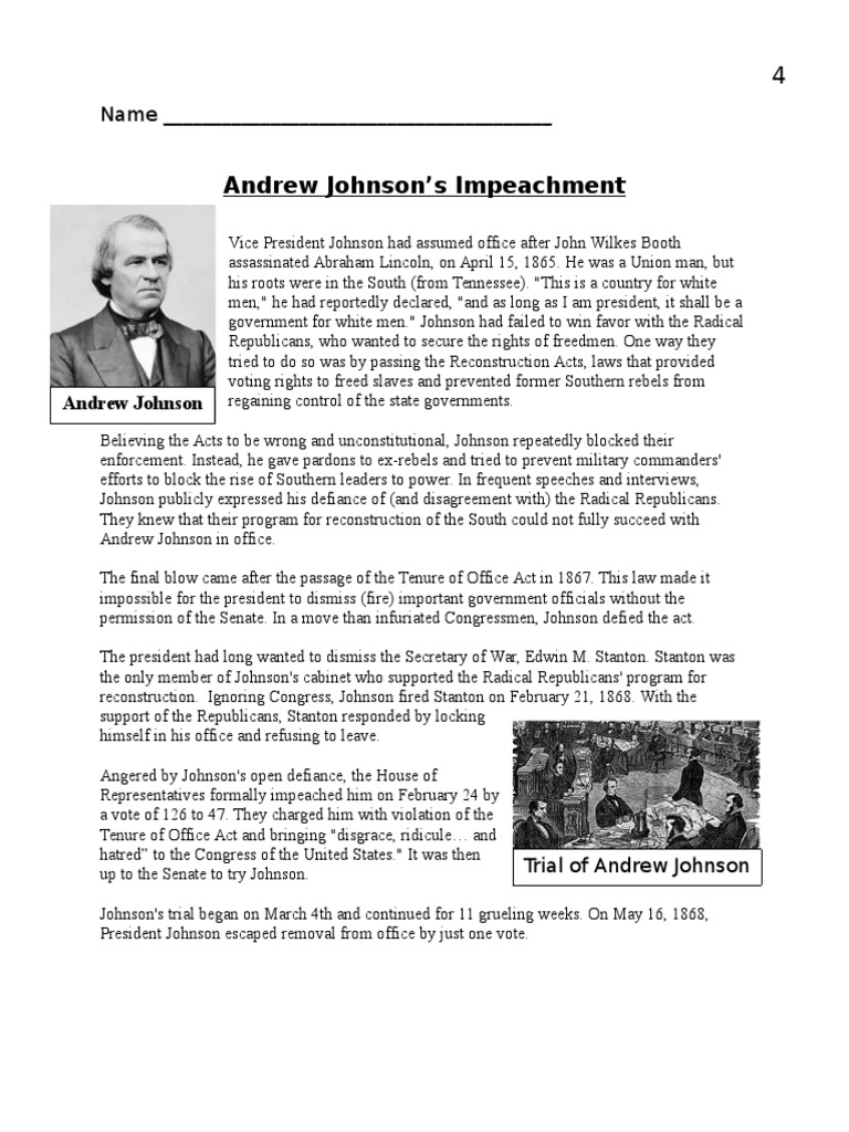 Andrew Johnson Impeachment Overview | PDF | Andrew Johnson ...