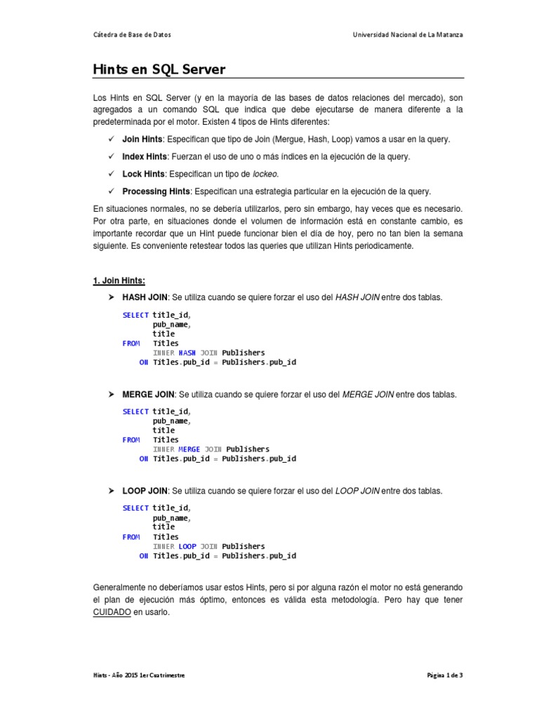 Hints en SQL Server: Guía Práctica | PDF | Servidor SQL de Microsoft | SQL