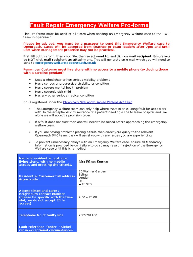 Emergency Welfare Form | Welfare | Medicine