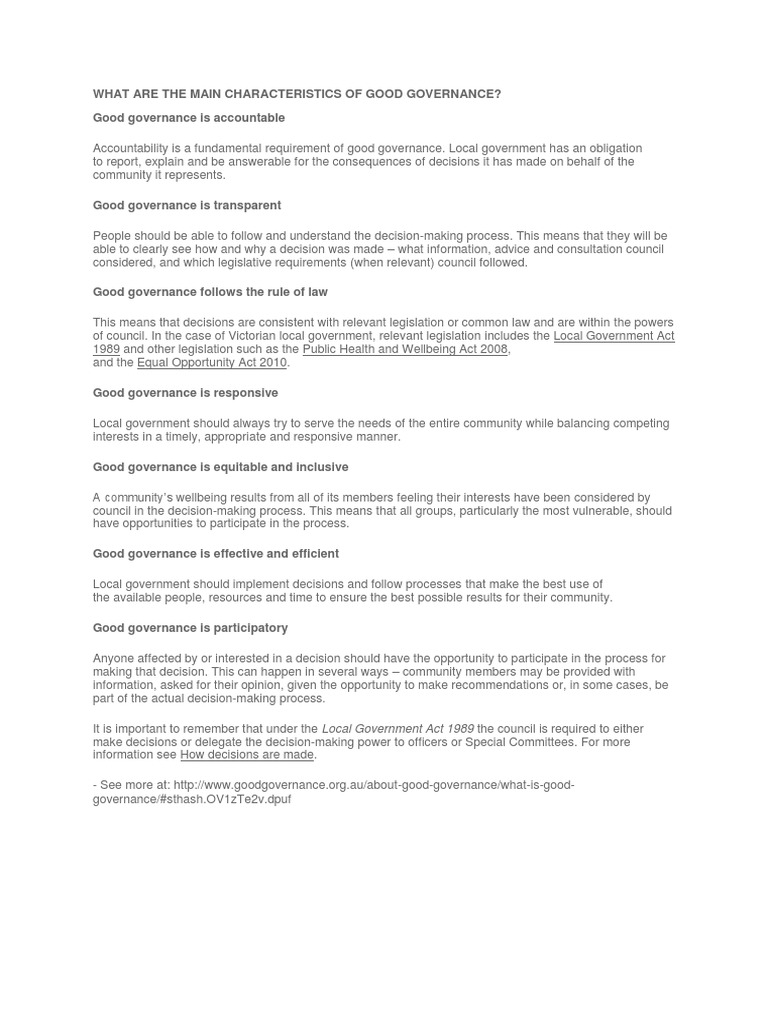 What Are The Main Characteristics of Good Governance | PDF