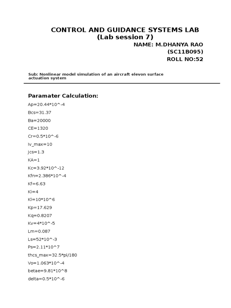 Control and Guidance Systems Lab (Lab Session 7) : Name: M.Dhanya Rao ...