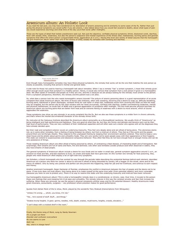 Arsenicum Alb - Holistic Look | PDF | Homeopathy | Arsenic