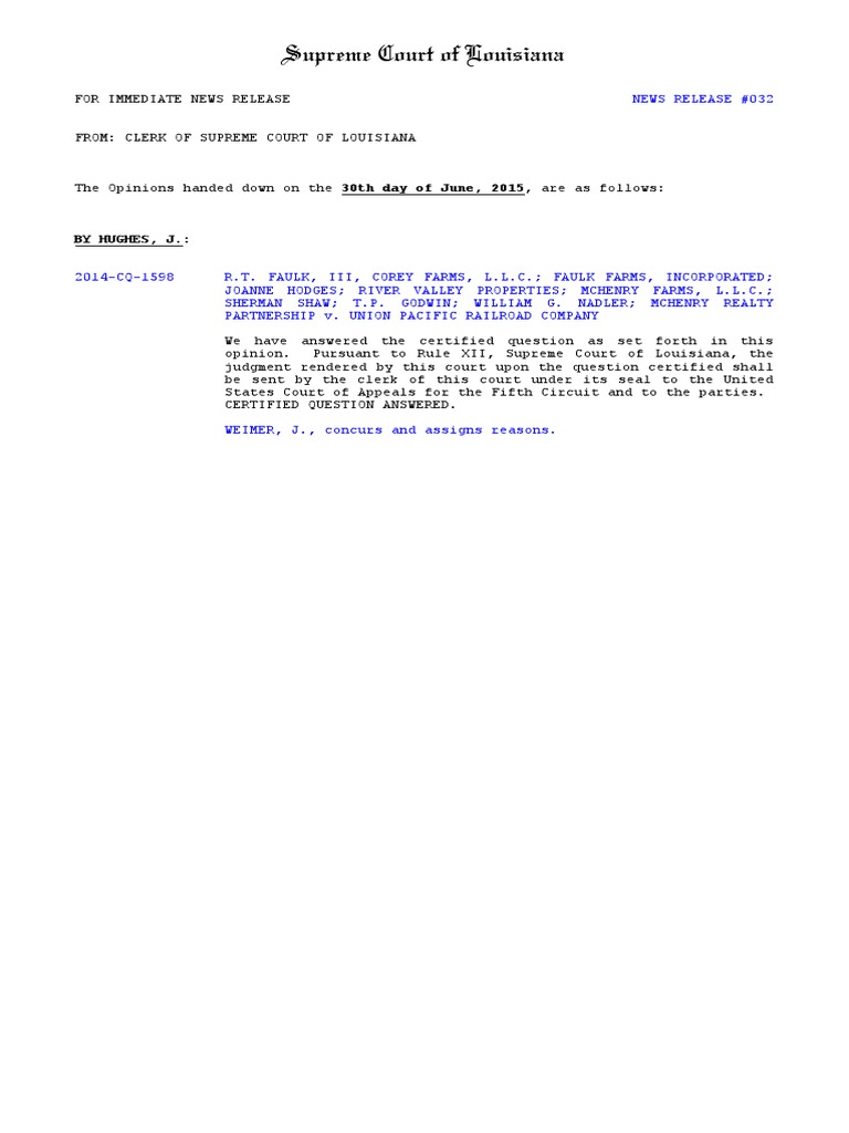 Faulk v. Union Pacific Railroad Co., No. 2014-CQ-1598 (La. June 30 ...