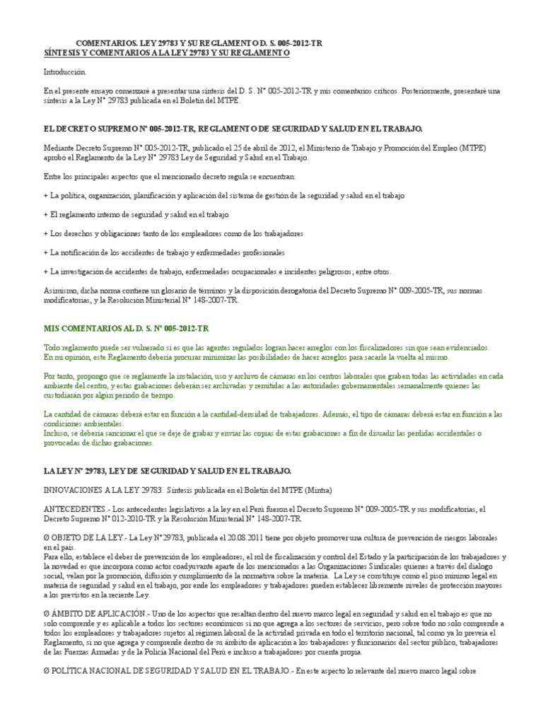 Comentarios Ley 29783 | PDF | Derecho laboral | Regulación