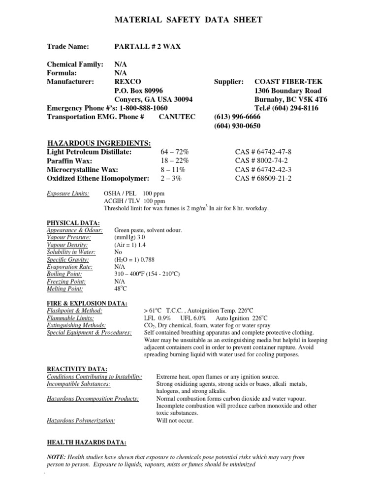 Partall # 2 Wax Desmoldante Msds | PDF | Combustion | Carbon Dioxide