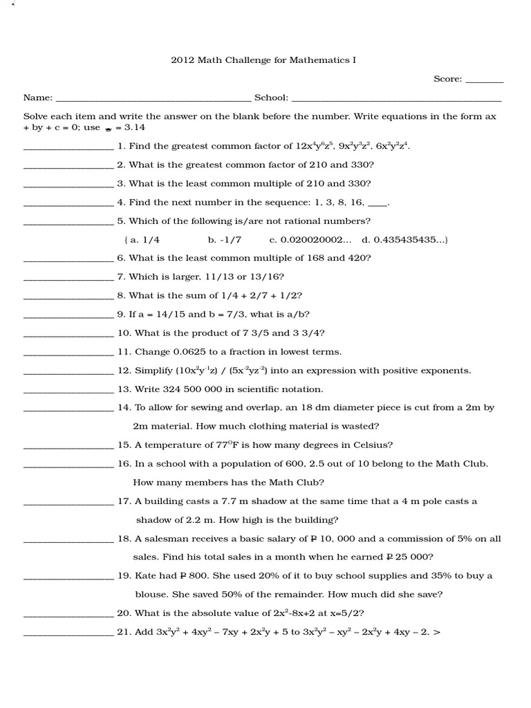 Grade 7 Math Challenge Review | PDF | Area | Numbers