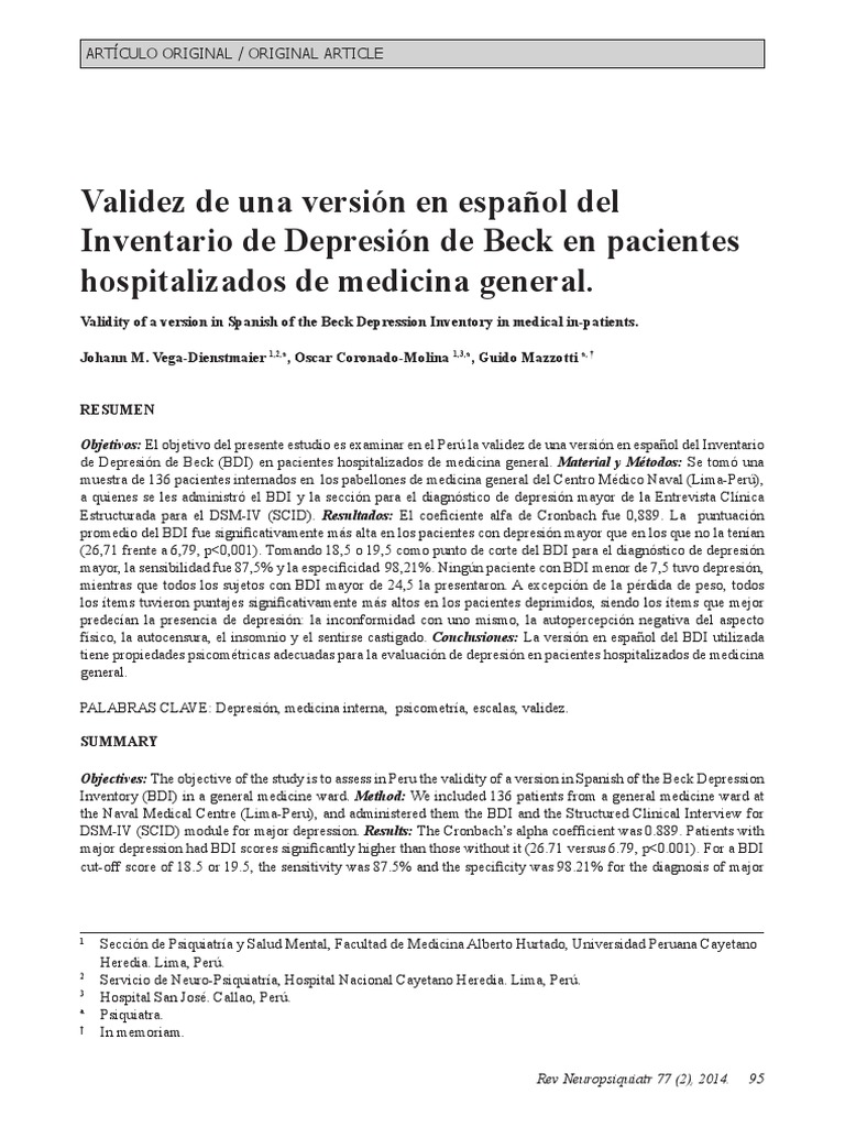 Validez del Inventario de Beck en Perú | PDF | Depresión (estado de ...