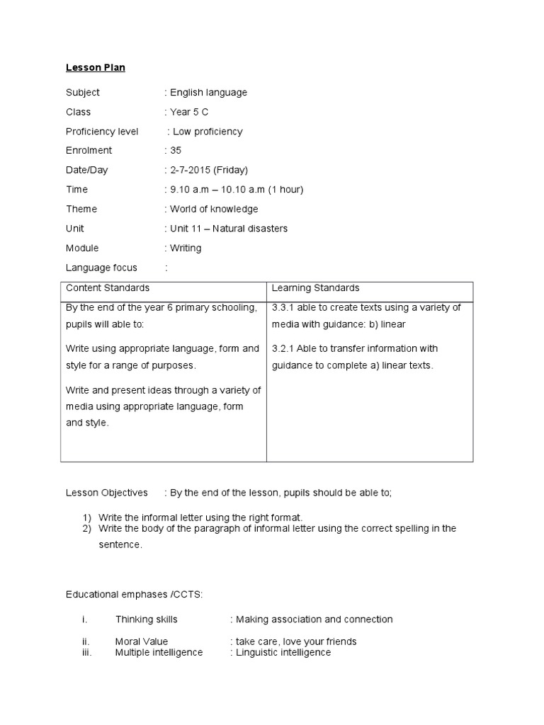 Lesson Plan English Year 5 | Lesson Plan | Human Communication