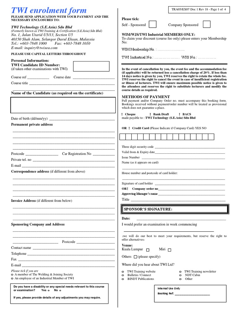 CSWIP 3.2 Latest Enrolment Form Rev 18 2015 | Payments | Banks