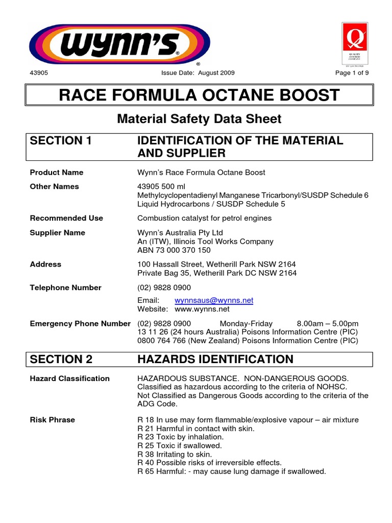 Wynn's Race Formula Octane Boost MSDS | PDF | Toxicity | Fires