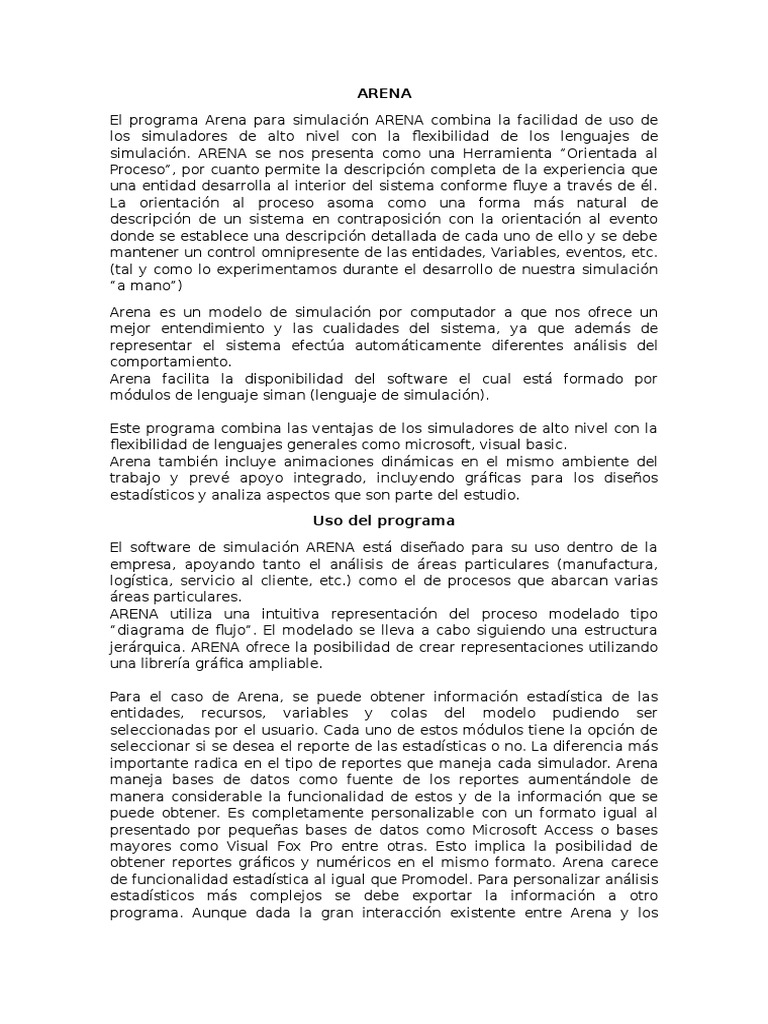 Características Arena | PDF | Simulación | Programa de computadora